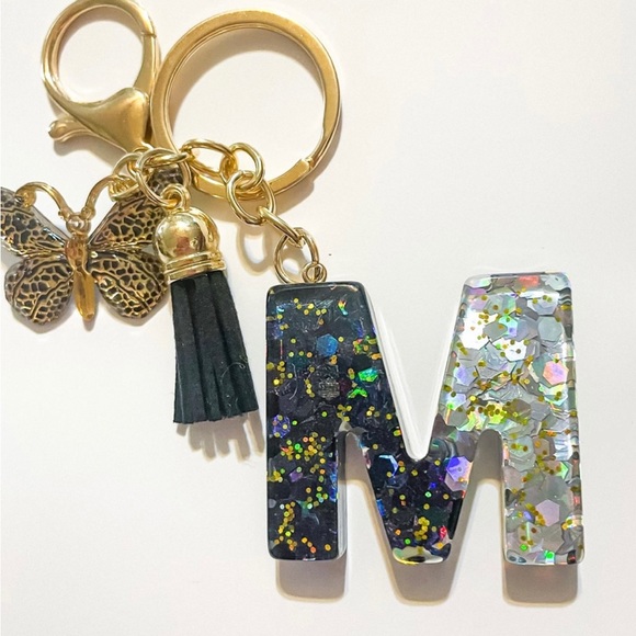 Accessories | Black Silver Glitter Resin Letter M Keychain | Poshmark